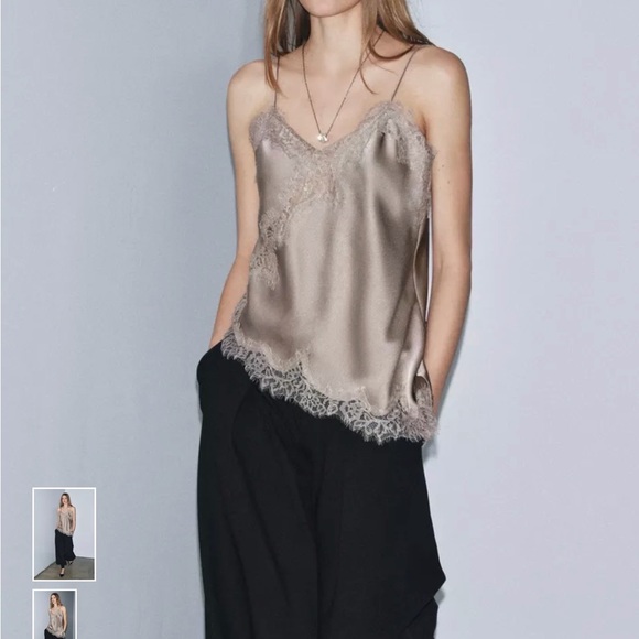 Zara | Tops | Zara Satin Lace Trim Cami Top Beige And Black | Poshmark